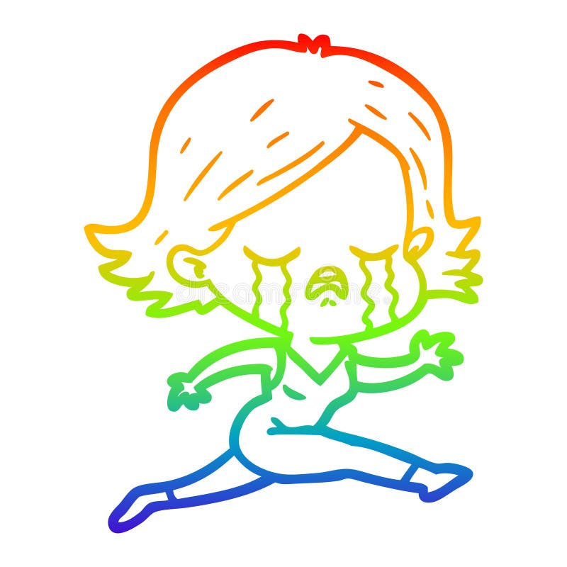A Creative Rainbow Gradient Line Drawing Cartoon Girl Crying Whilst ...