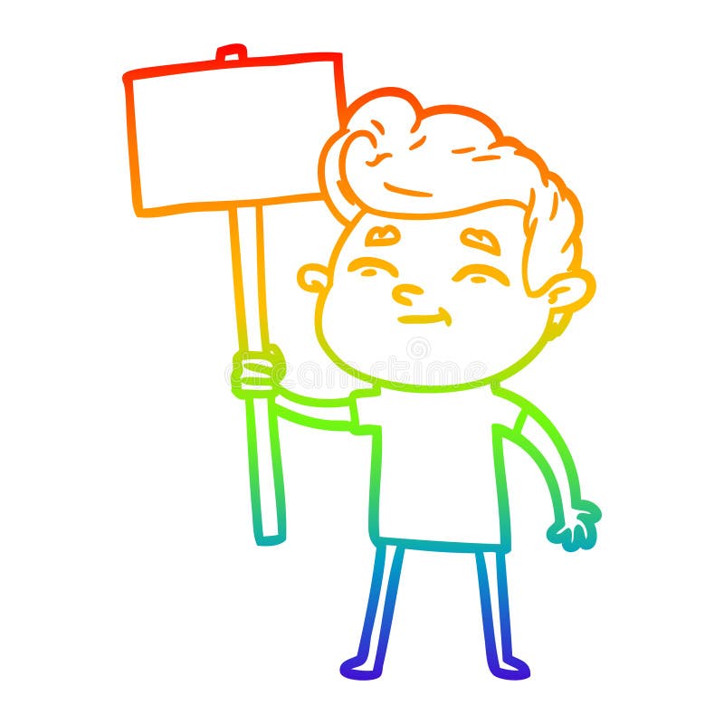 A Creative Rainbow Gradient Line Drawing Happy Cartoon Man with Sign ...