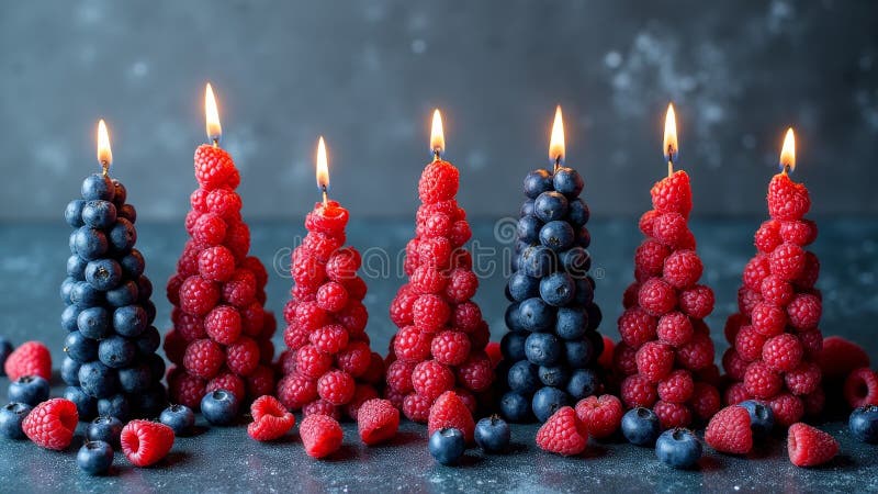 Creative Raspberry and Blueberry Candle Arrangement Against Dark ...