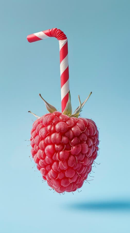 Creative Raspberry with Striped Straw on Blue Background Stock Photo ...