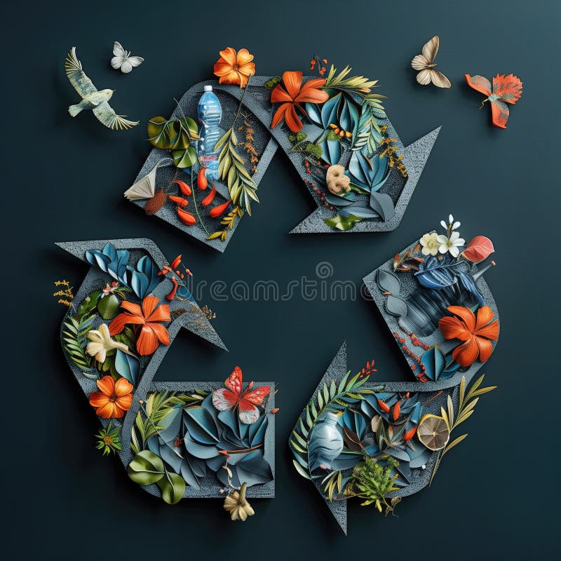 Creative Recycle Symbol Made of Leaves and Flowers on Dark Background ...