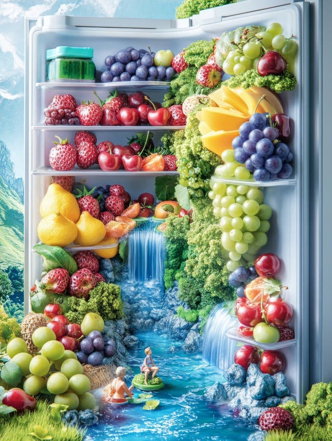 Creative Refrigerator Arrangement with Fresh Fruit and Miniature Scene ...