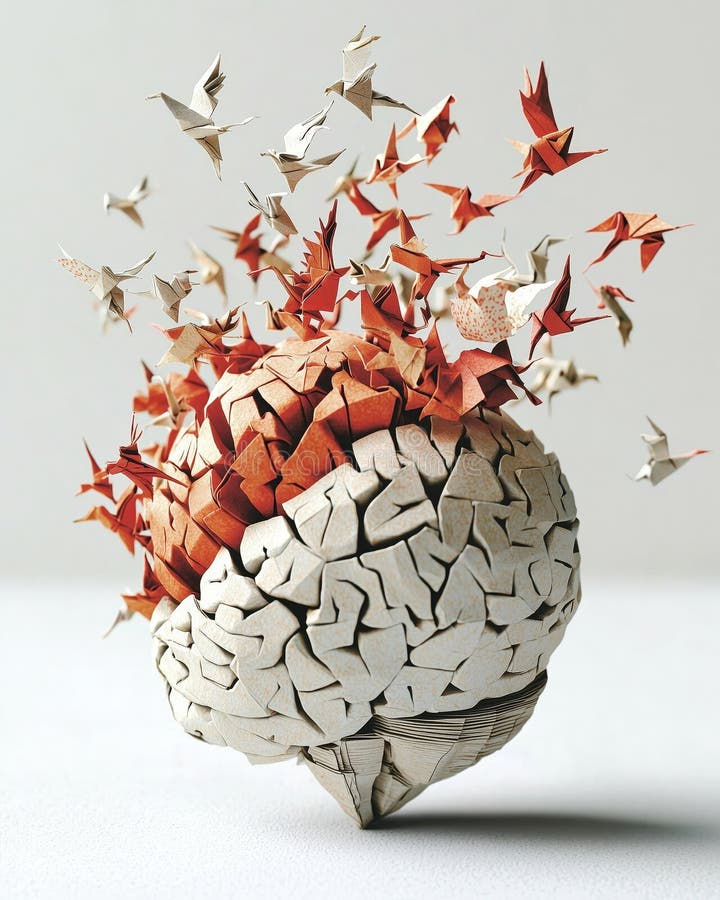 Abstract Art of a Brain Bursting with Vibrant Origami Birds and ...