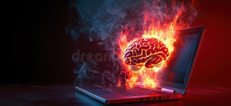Creative Representation of a Burning Brain Emerging from a Laptop with ...