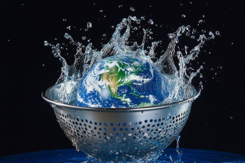 Earth Inside a Colander with Water Splashing Around it, Symbolizing ...