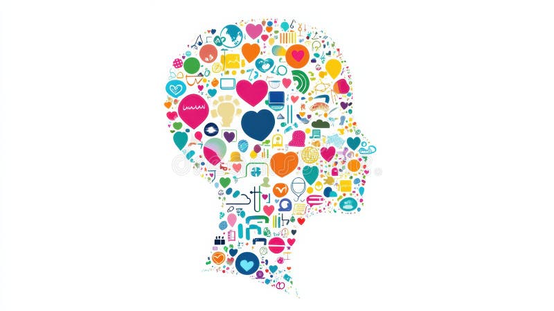 Stylized Human Face Composed of Vibrant Icons Representing Various ...