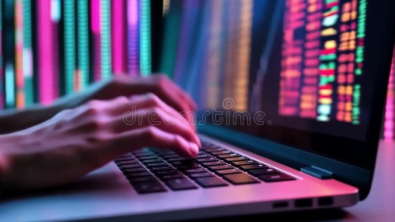 A Creative Representation of a Person Typing on a Laptop in a Vibrant ...