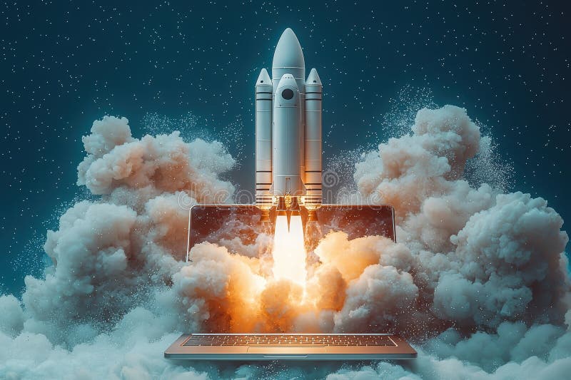 Creative Representation of a Rocket Launched from a Laptop into Space ...
