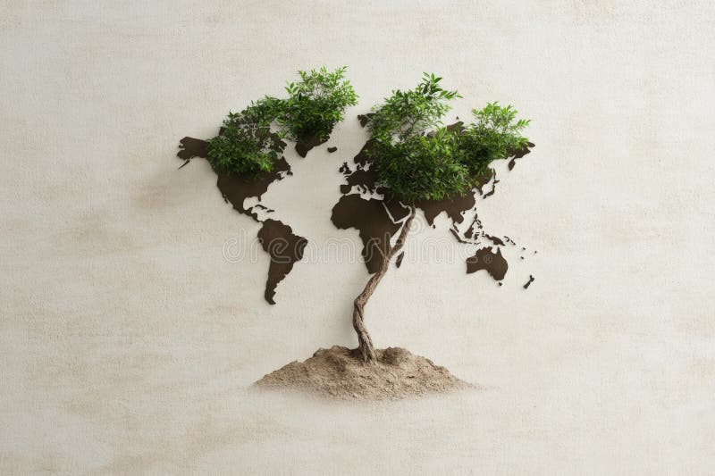 A Creative Representation of a World Map with a Tree Growing from Its ...
