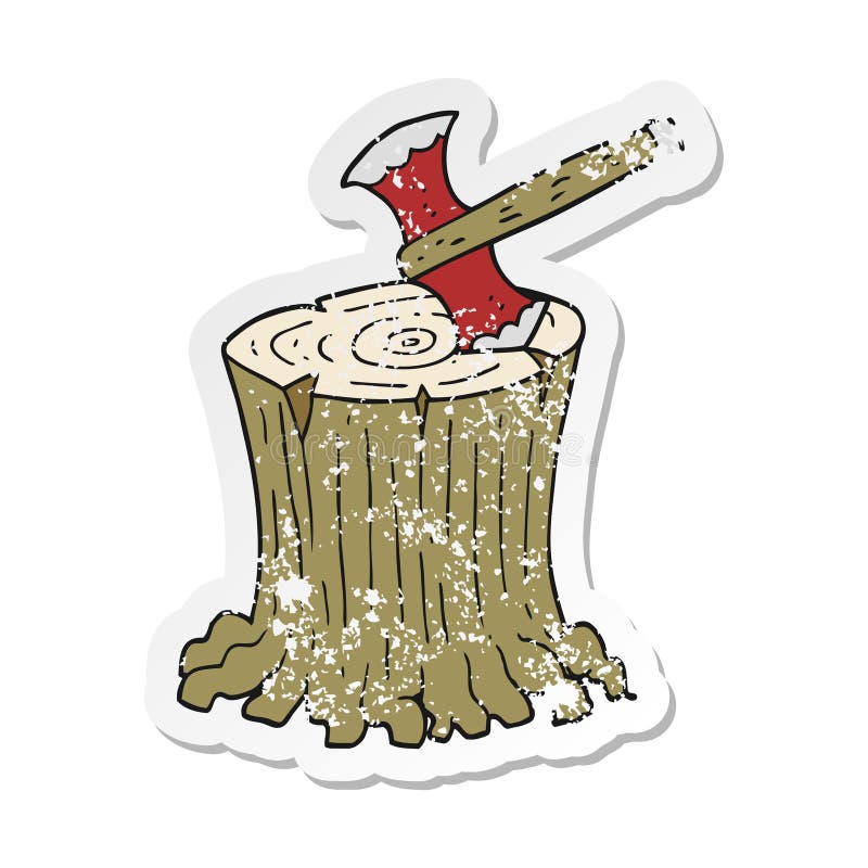 A Creative Retro Distressed Sticker of a Cartoon Axe in Tree Stump ...