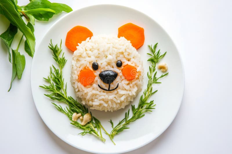 Creative Rice Dish Shaped Like a Bear with Vegetables on a White Plate ...