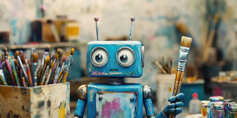 Creative Robot Artist Holding Paintbrush in Colorful Art Studio Stock ...