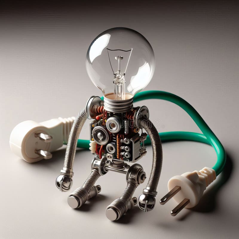 Creative Robot with Light Bulb Head and Power Plug Stock Illustration ...