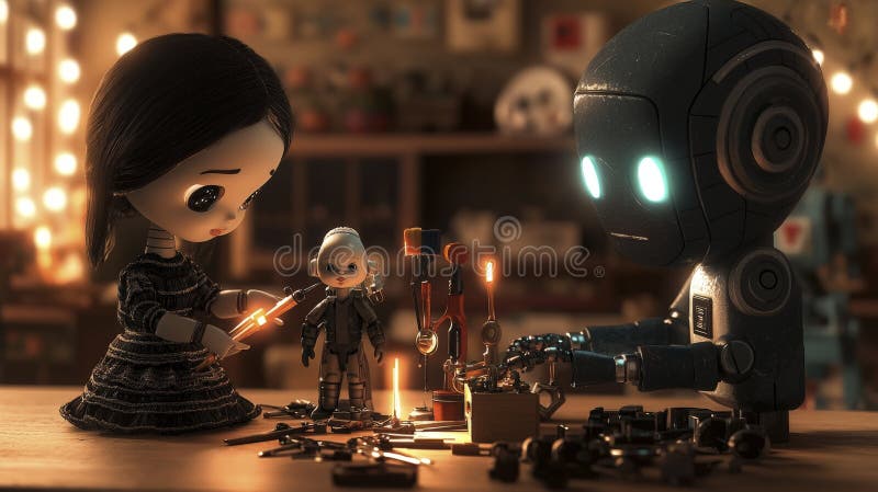 Creative Robots and Dolls Crafting Together Workshop Animation Cozy ...
