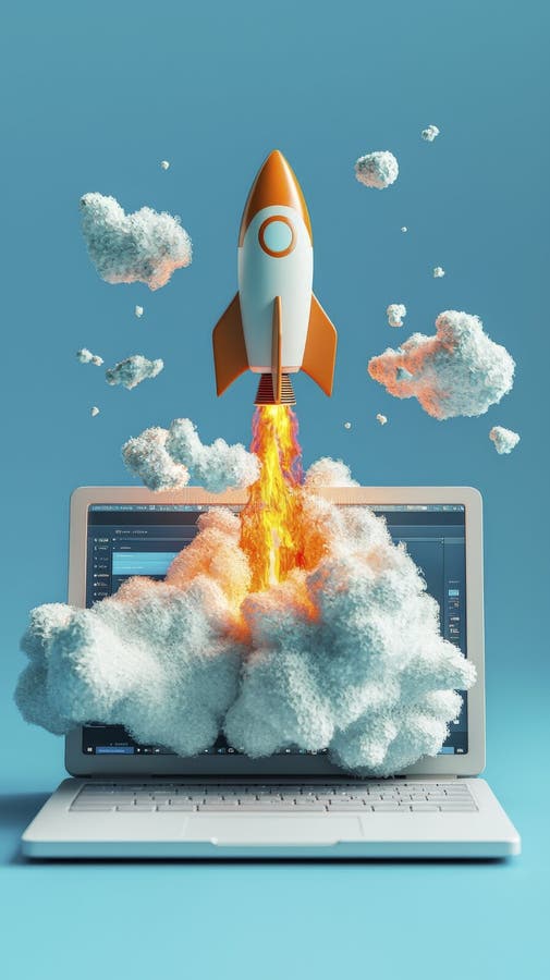 Creative Rocket Launch from Computer - Art Concept Stock Illustration ...