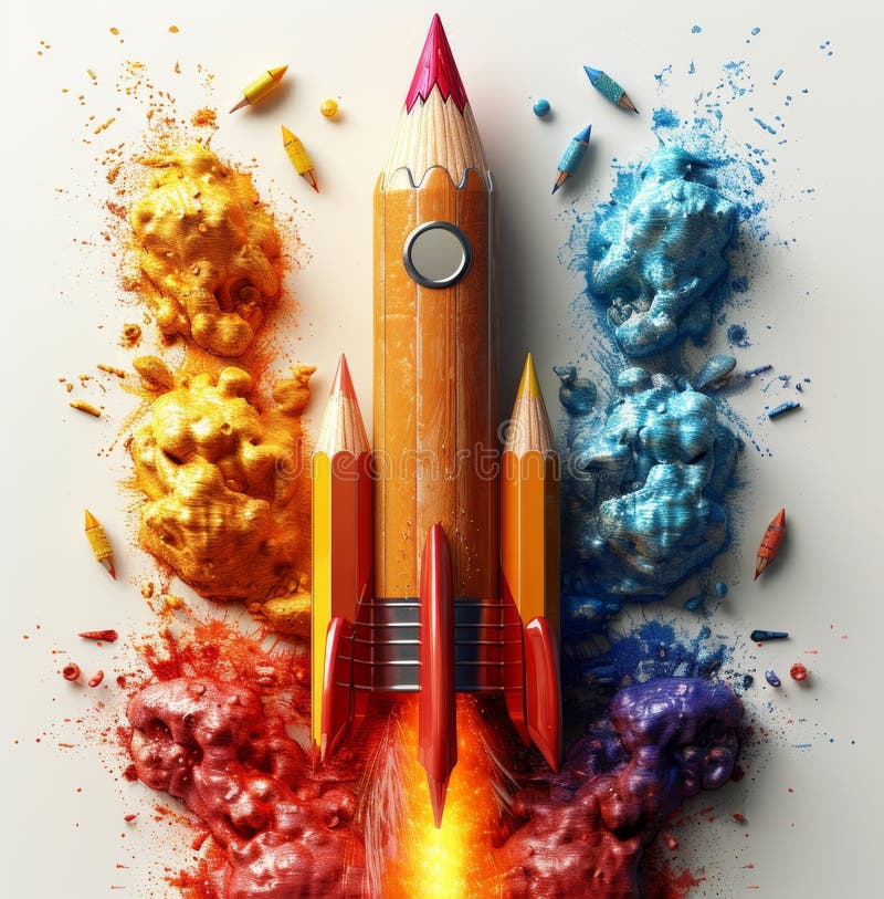 Creative Rocket Launch Constructed from Colorful Pencils, Symbolizing ...