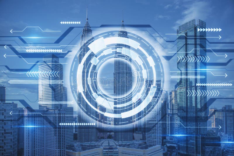 Creative Round Hi-tech Pattern on Blurry City Backdrop. Double Exposure ...