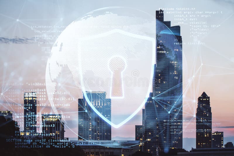 Creative Safety Hologram with Globe and Coding on Blurry Night City and ...