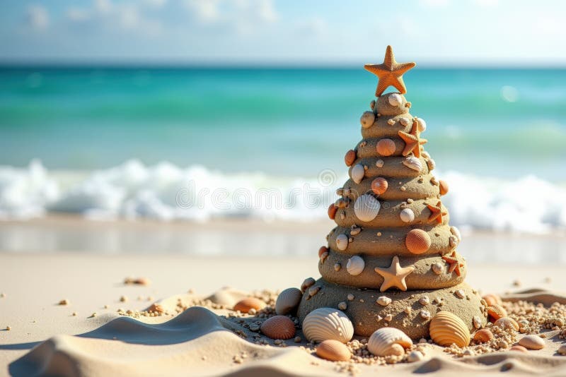 Creative Sand Christmas Tree with Shells and Starfish on a Sunny Beach ...