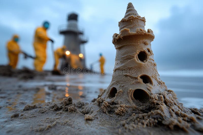 Creative Sandcastle Building Activity at a Beach with a Lighthouse ...