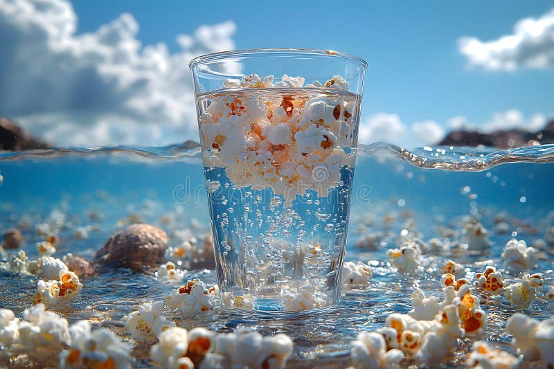 Imaginative Concept: Popcorn Floating in a Glass of Water on a Sunny ...