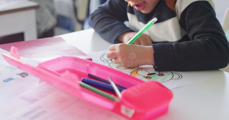 Creative, School and Hands of Child Drawing in a Classroom for Art ...