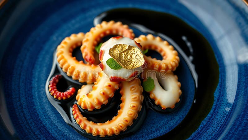 A Creative Seafood Plating with Grilled Octopus Black Squid Ink Sauce ...