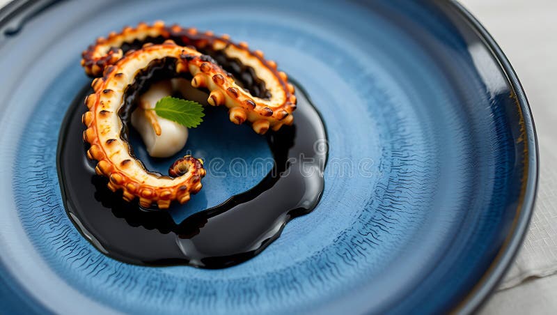 A Creative Seafood Plating with Grilled Octopus Black Squid Ink Sauce ...
