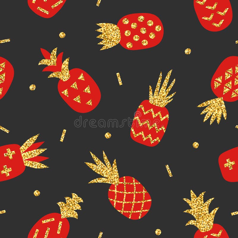 Creative Seamless Pattern of Red Pineapple with Gold Glitter Texture on ...