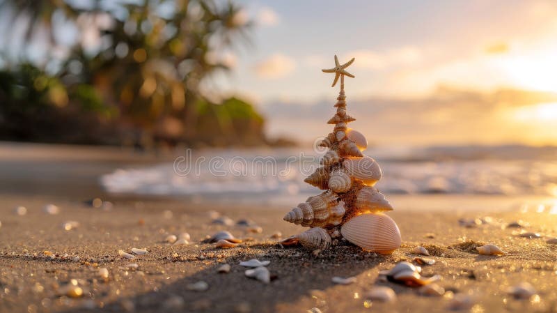 Creative Seashell Christmas Tree on Tropical Beach at Sunset Stock ...
