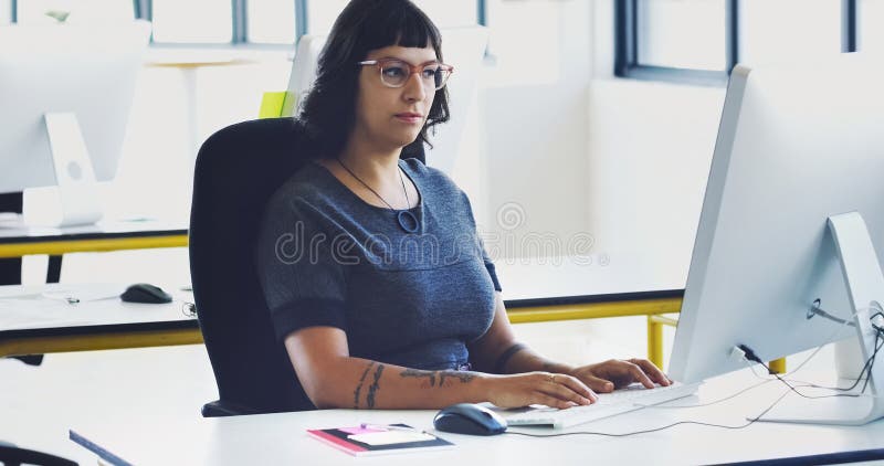 Creative, Serious and Computer with Woman in Office for Designer, Idea ...