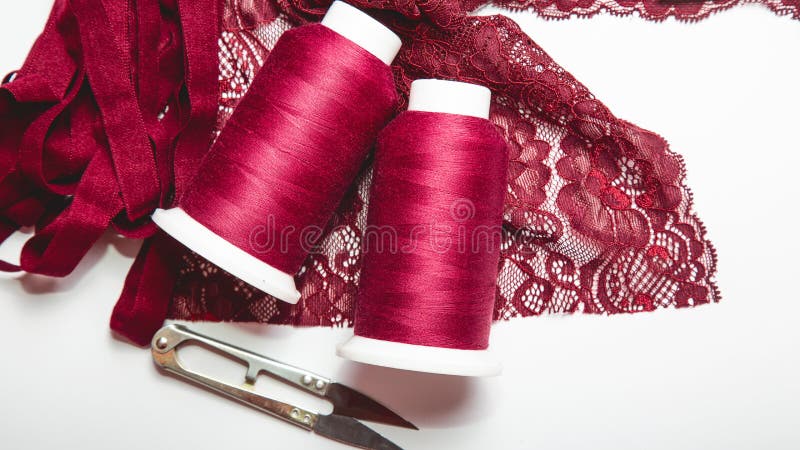 Creative Sewing Background, Top View. Red, Burgundy Lace Fabric Stock ...