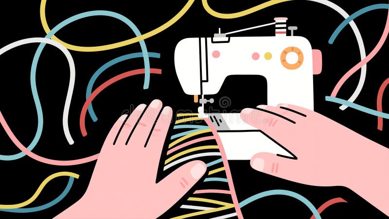 Creative Sewing Concept: Hands at Work with a Cartoon Sewing Machine ...