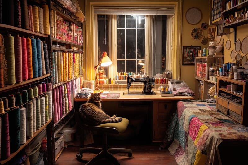 Creative Sewing Room Filled with Colorful Threads, Patchwork Quilts in Progress, a Cat Curled Up ...