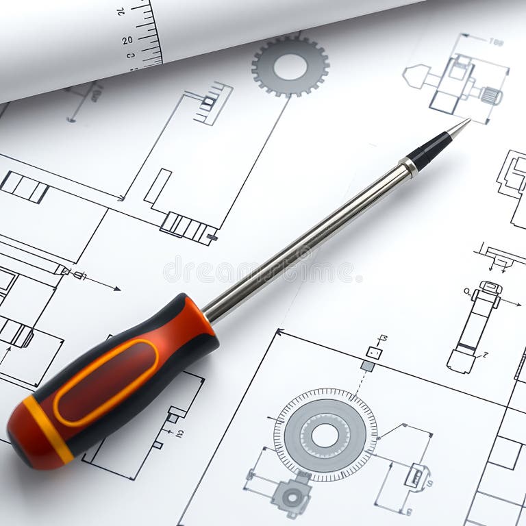 A Creative Shot of a Screwdriver Placed on a Blueprint with Mechanical ...
