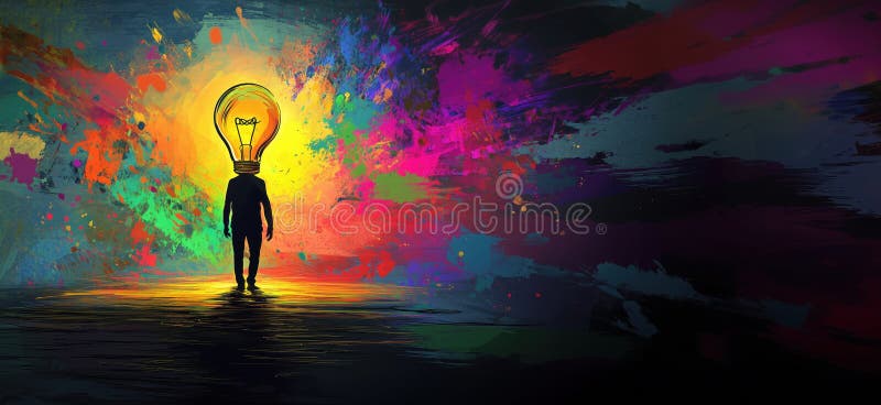 Creative Silhouette with Light Bulb Head Walking through Vibrant ...
