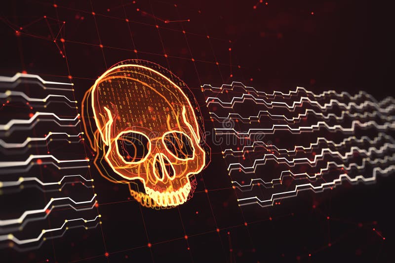 Creative Skull and Circuit Hologram on Blurry Red Backdrop. Malware and ...