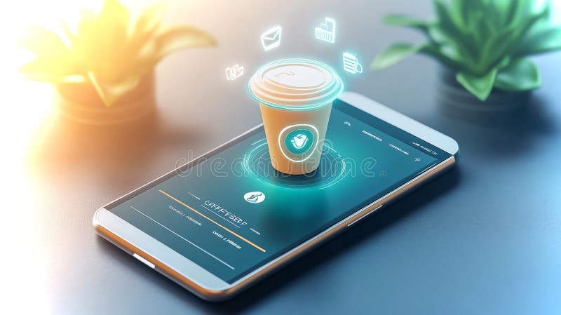 Creative Smartphone Display with Virtual Coffee Cup in a Cafe Setting ...