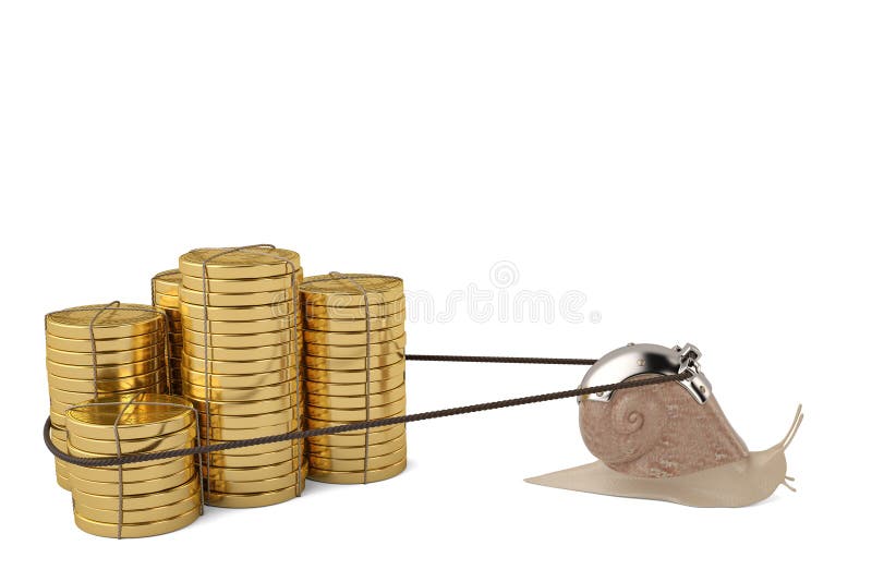 Creative Snail Pulling Gold Coin Stacks.3D Illustration. Stock ...