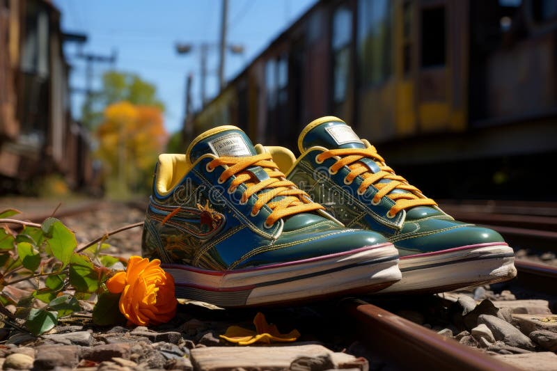 Creative Sneakers Stand on the Railroad Tracks Stock Image - Image of ...