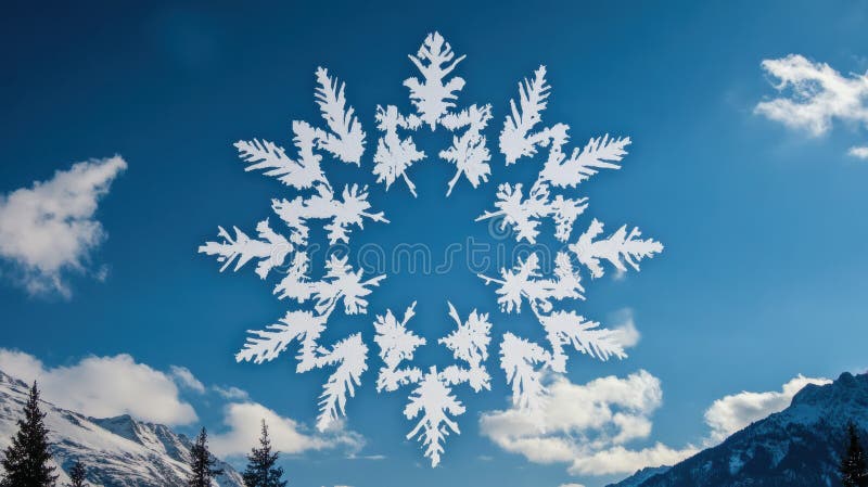 Creative Snowflake Design Formed from Pine Tree Patterns Against a Clear Blue Sky with Rugged ...