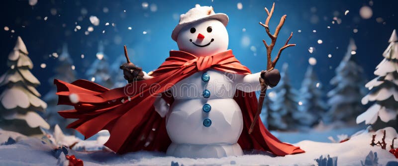 Snowman with Red Cape in a Snowy Forest Setting Stock Image - Image of ...