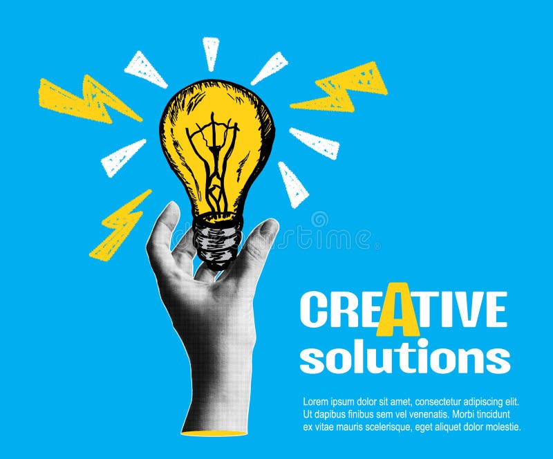 Creative Solutions. Trendy Halftone Collage Banner with Hand Shows ...