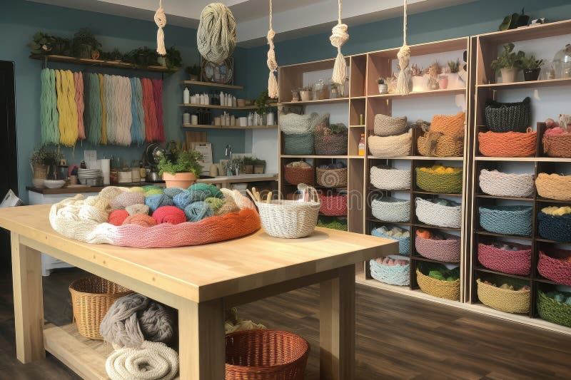 Creative Space, with Baskets of Colorful Yarn, Tools, and Finished ...