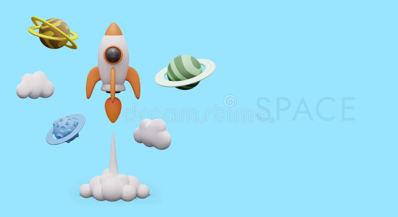 Creative Space Concept. Rocket Flies Up between Planets and Clouds ...
