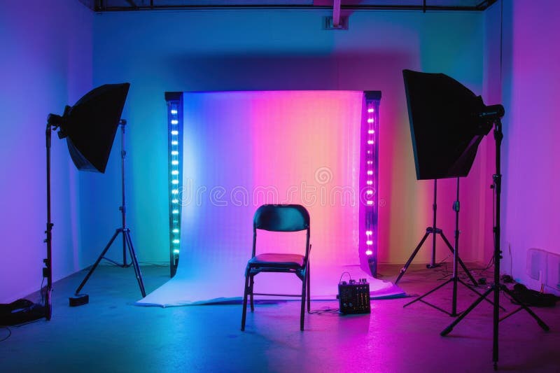 Studio Setup for a Photoshoot with Colorful Lights and a Chair in a ...