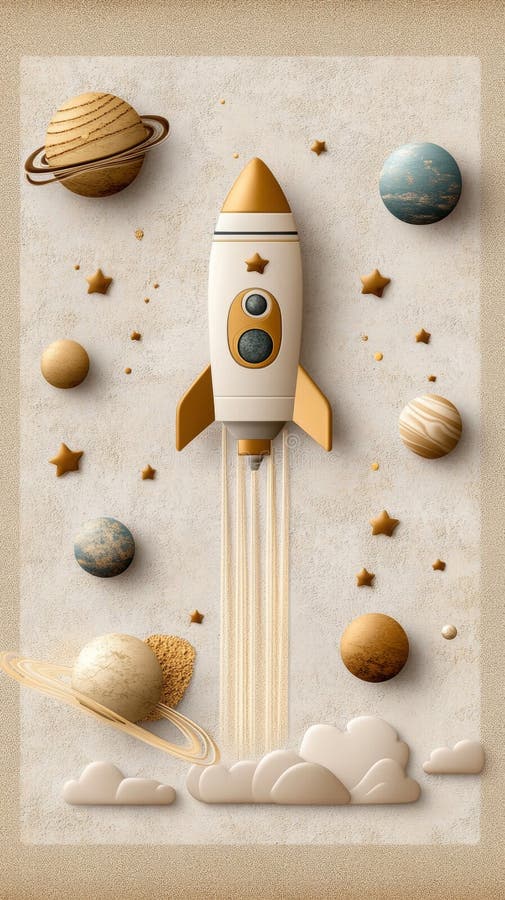 Creative Space-themed Artwork Featuring a Rocket Launching Amidst Planets and Stars Against a ...
