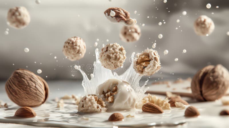 Creative Splash of Milk and Nuts with Popcorn on a Whimsical White ...