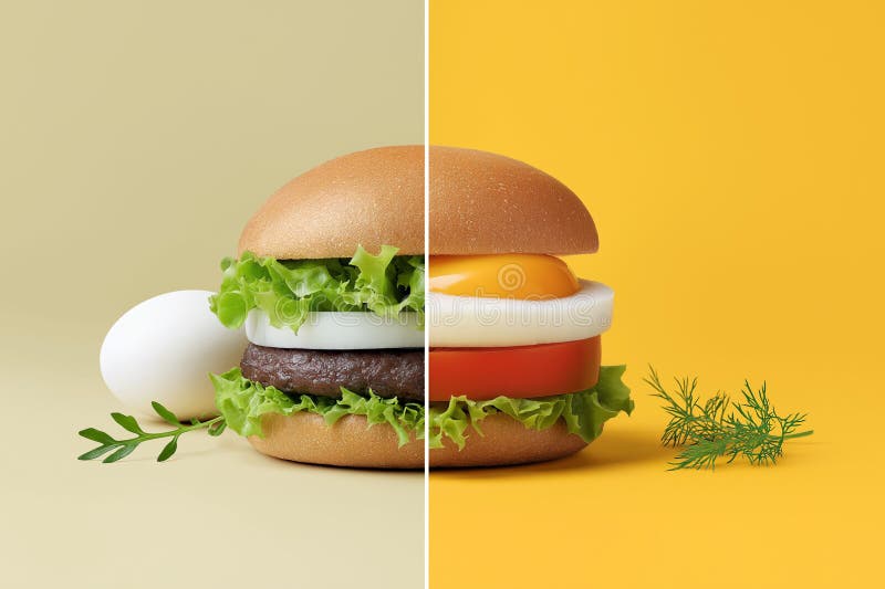 Creative Split-image Burger with Lettuce, Tomato, Egg and Patty on ...