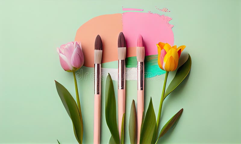 Creative Spring Concept, Watercolor Brushes and Tulips on a Bright ...